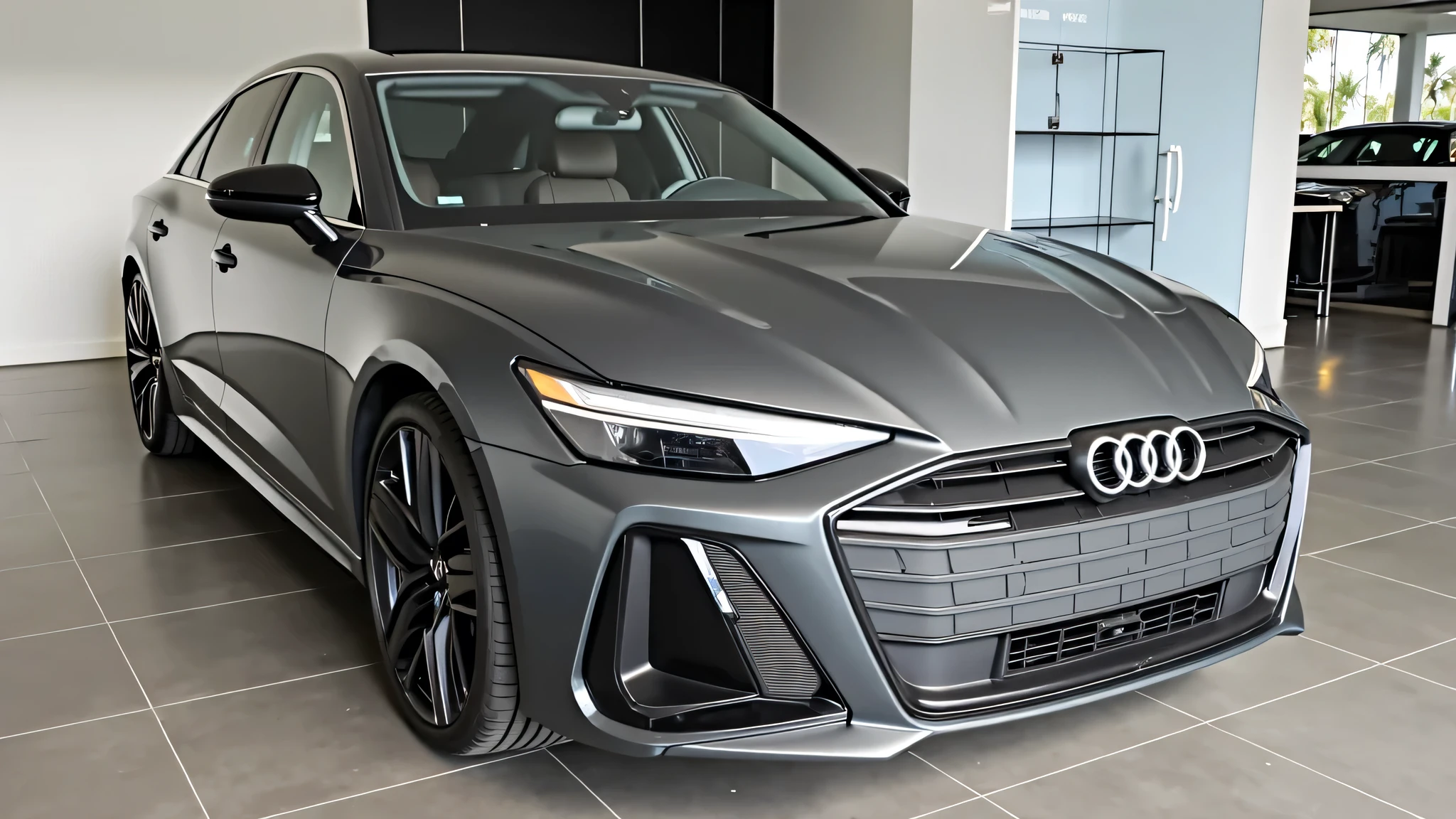 Side front view of the 2026 Audi A6 luxury sedan in a sleek matte grey ...