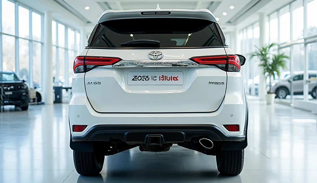 A photo of (back side) view of a polished ( white) 2025 Toyota Fortuner ...