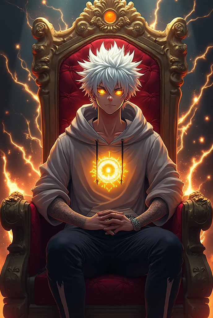 Epic anime-style male character sitting on a throne, glowing golden ...