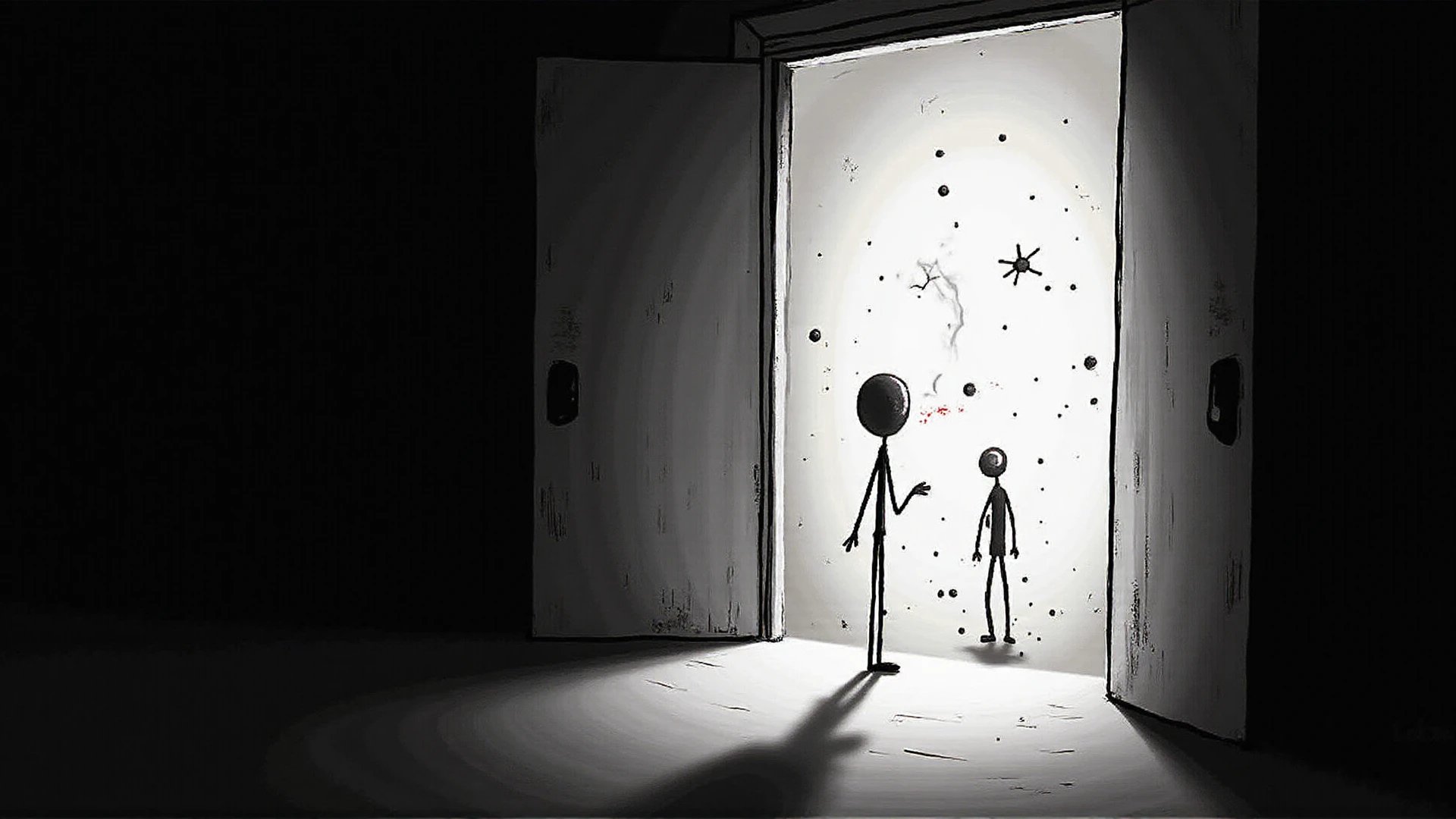 A stick-man standing still at entrance breathing deeply, others moving ...