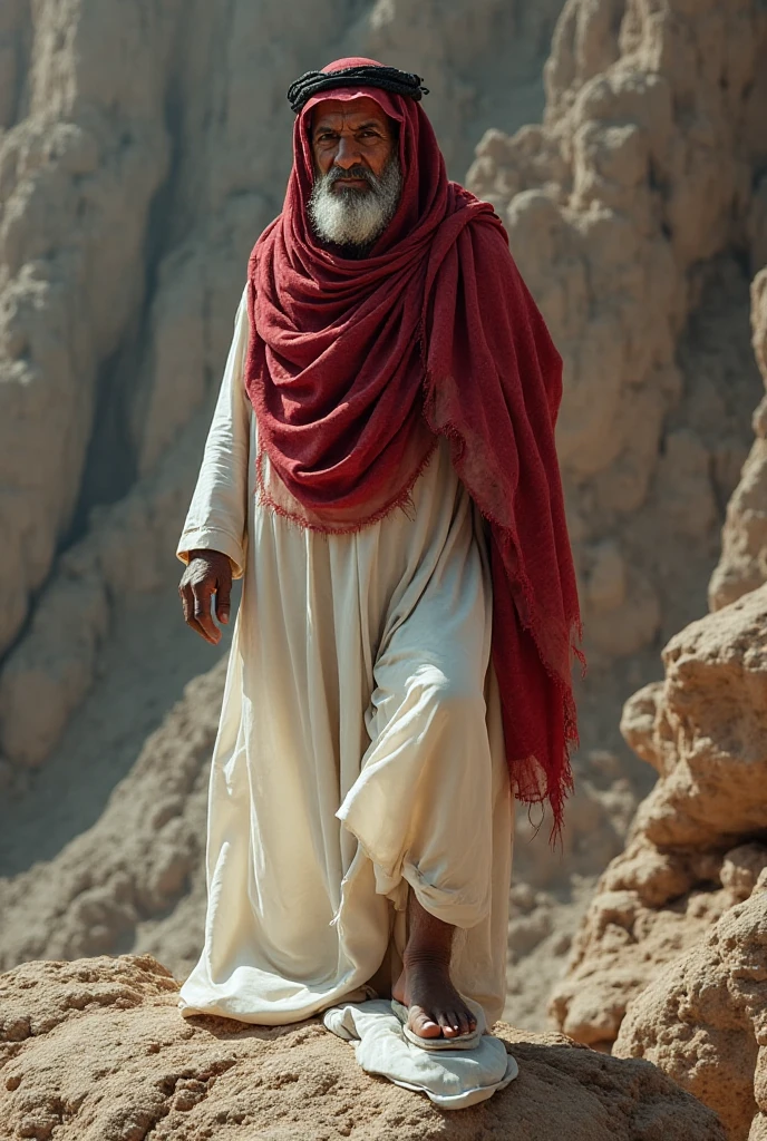 An old Saudi man stands on top of a rocky mountain, his features sharp ...