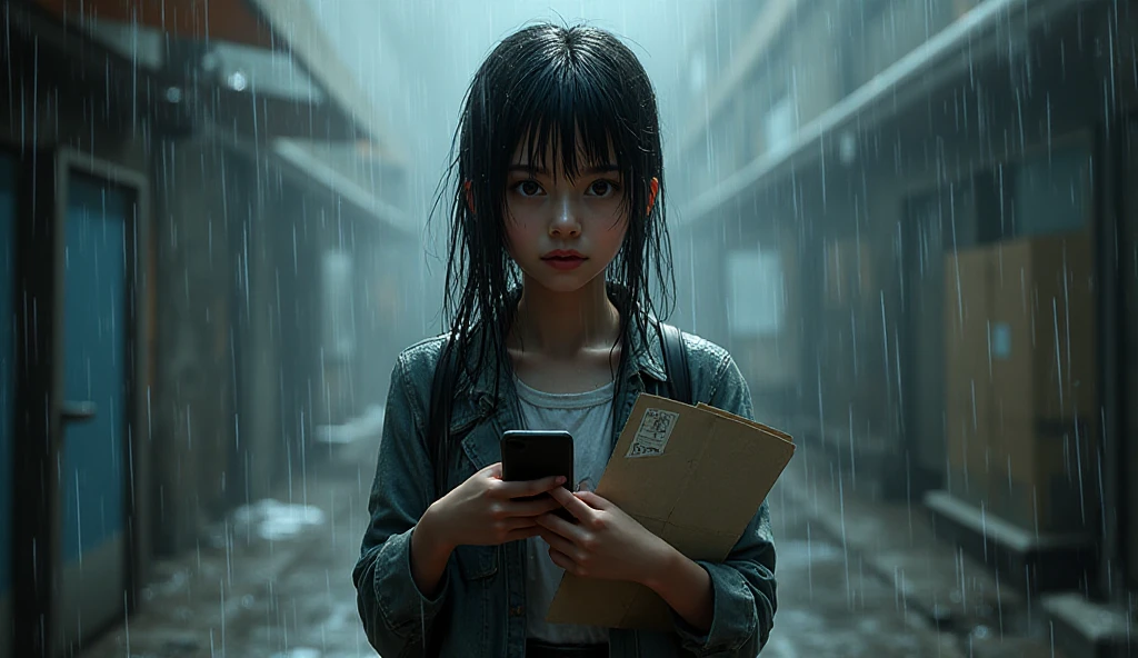 The protagonist girl stands in the center of the picture, her face ...