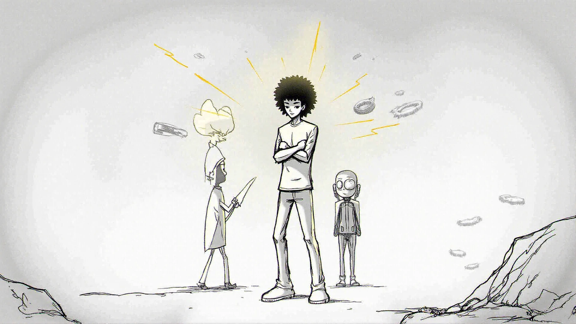 A stick-man steady aura arms crossed calm while stick-woman stands ...