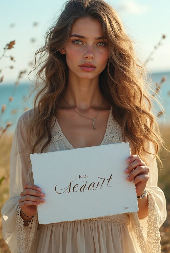 Beautiful girl with wavy long hair, bohemian dress, holding a white board with t - SeaArt AI