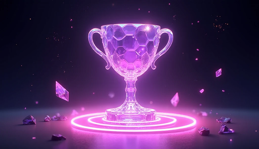 A large crystal-shaped trophy cup in the center, translucent glass ...