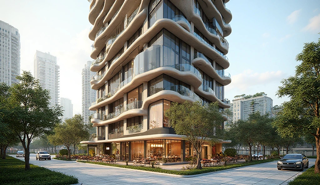 A block from a city where there is a tall building with undulating ...