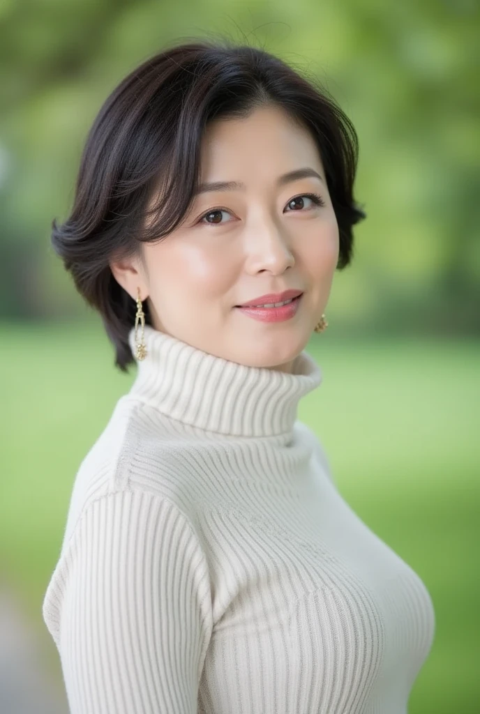 Beautiful Japanese middle-aged woman standing in the park - SeaArt AI