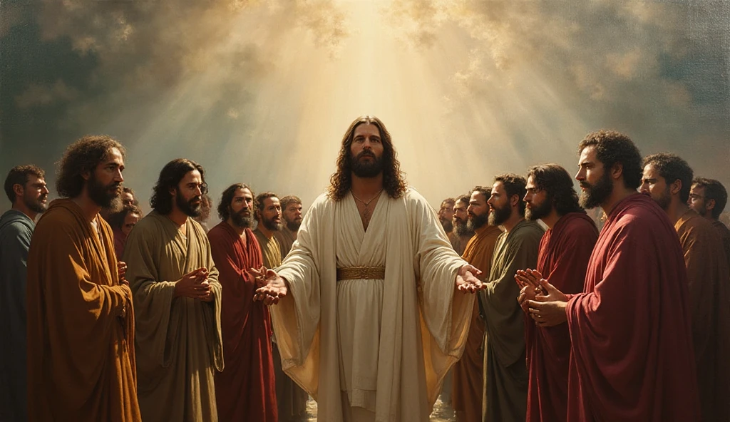 Jesus surrounded by His disciples, giving final instructions before His ...