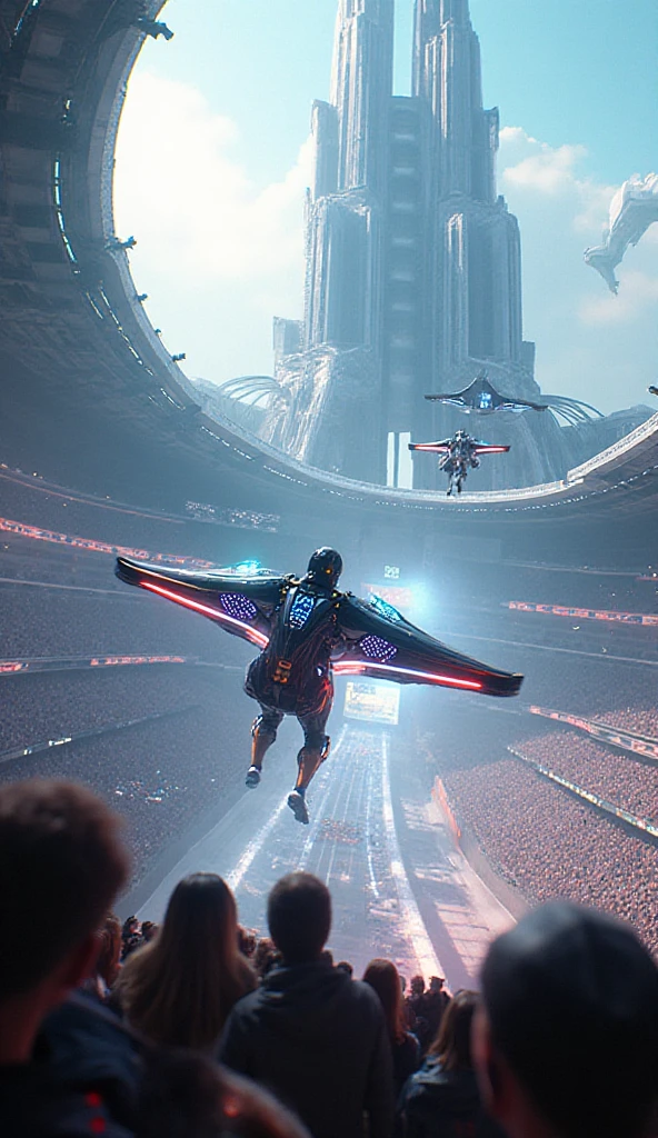 Crowds cheering in a massive stadium, athletes racing in the sky with ...