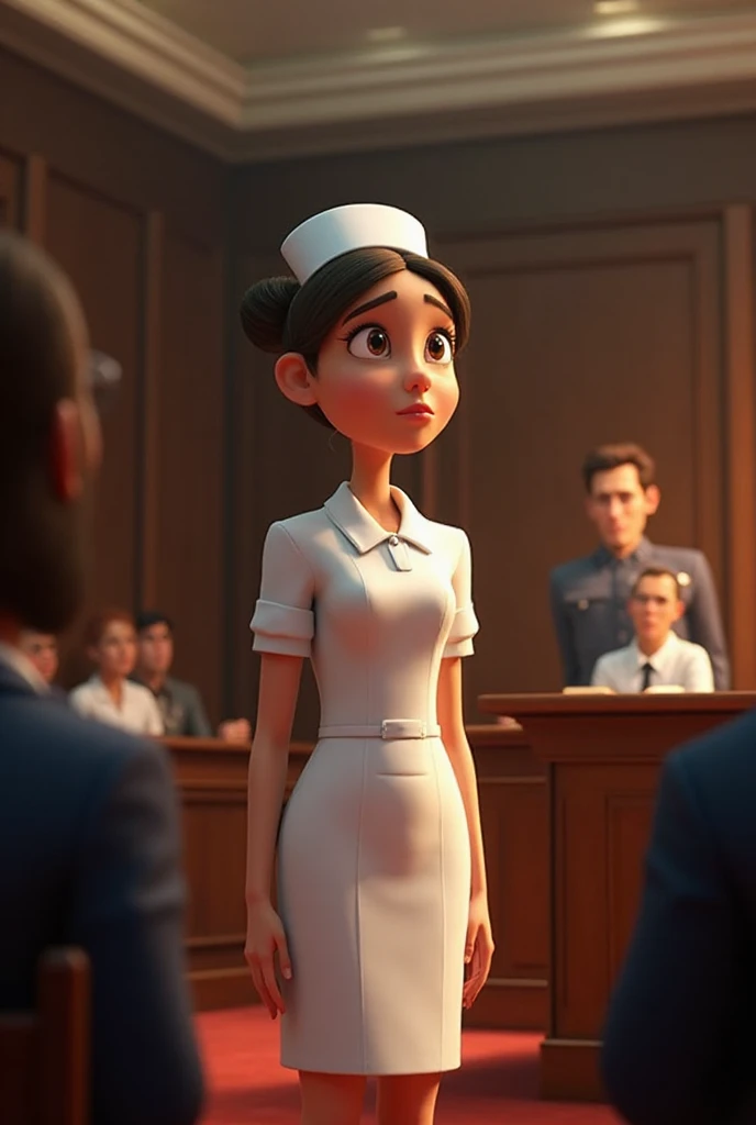 A 3D animated courtroom scene where a nursing student in a clean white ...