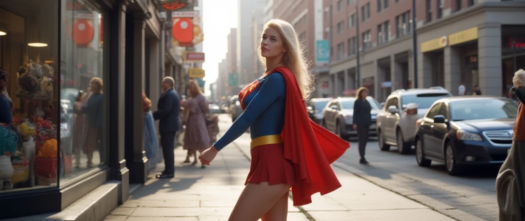 Side profile view of Supergirl walking confidently through a busy city ...