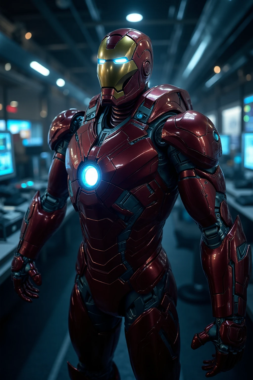 "Full body view of Iron Man in detailed HD armor suit, metallic red and ...