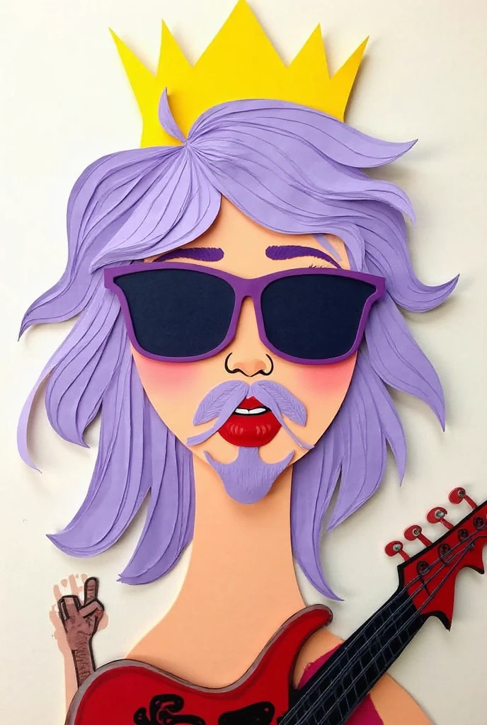 This vibrant and flamboyant artwork features a stylized face ...