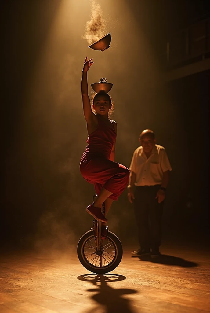 A dramatic, cinematic image set inside a Chinese acrobat training ...