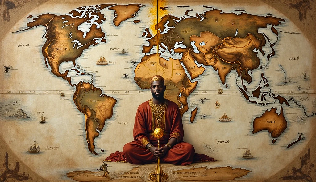 A richly detailed oil painting of a 14th-century European world map ...