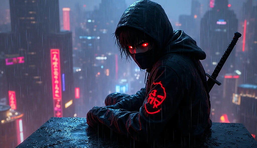 A stealthy anime ninja perched on the edge of a drenched skyscraper ...