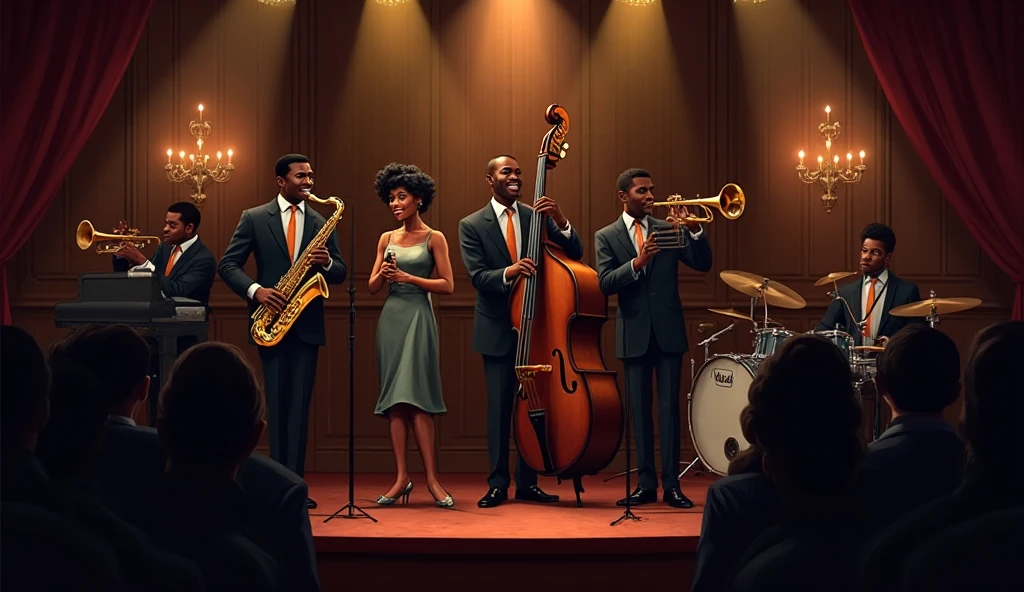 Realistic illustration of a 1950s jazz band composed entirely of Black ...