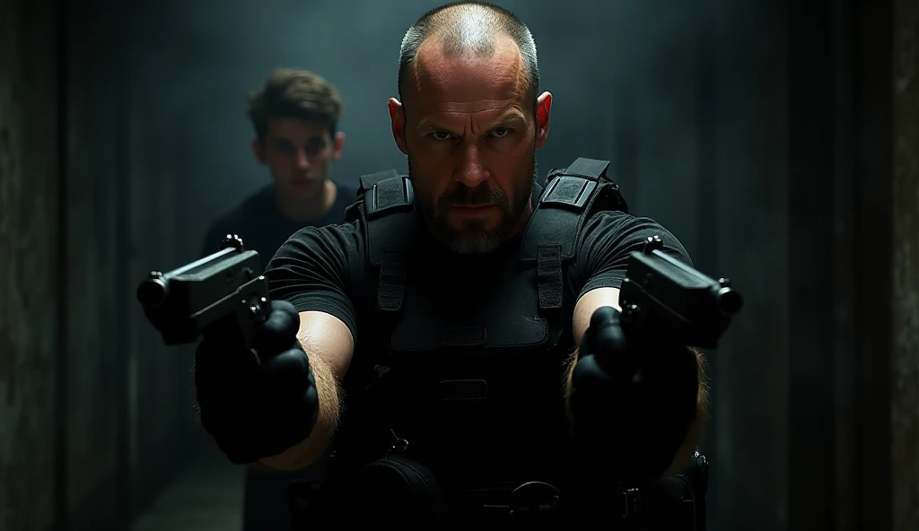 A hyper-realistic action shot of a rugged man resembling an intense ...