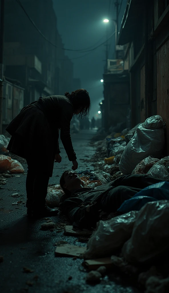 A cold, dark evening on the edge of the city. A tired woman in worn ...