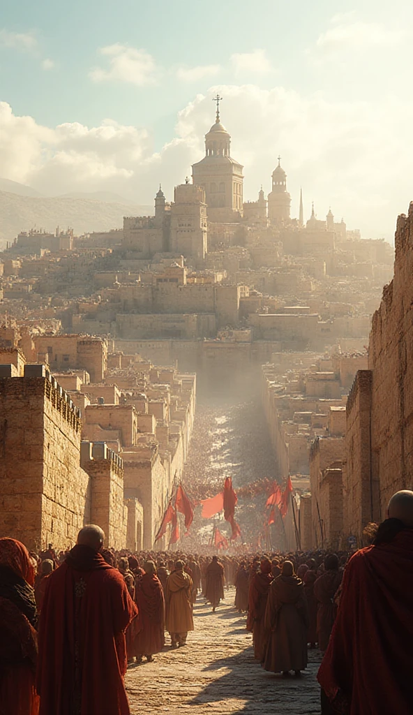 "Ancient Jerusalem city on a hill, fortified walls, people entering ...