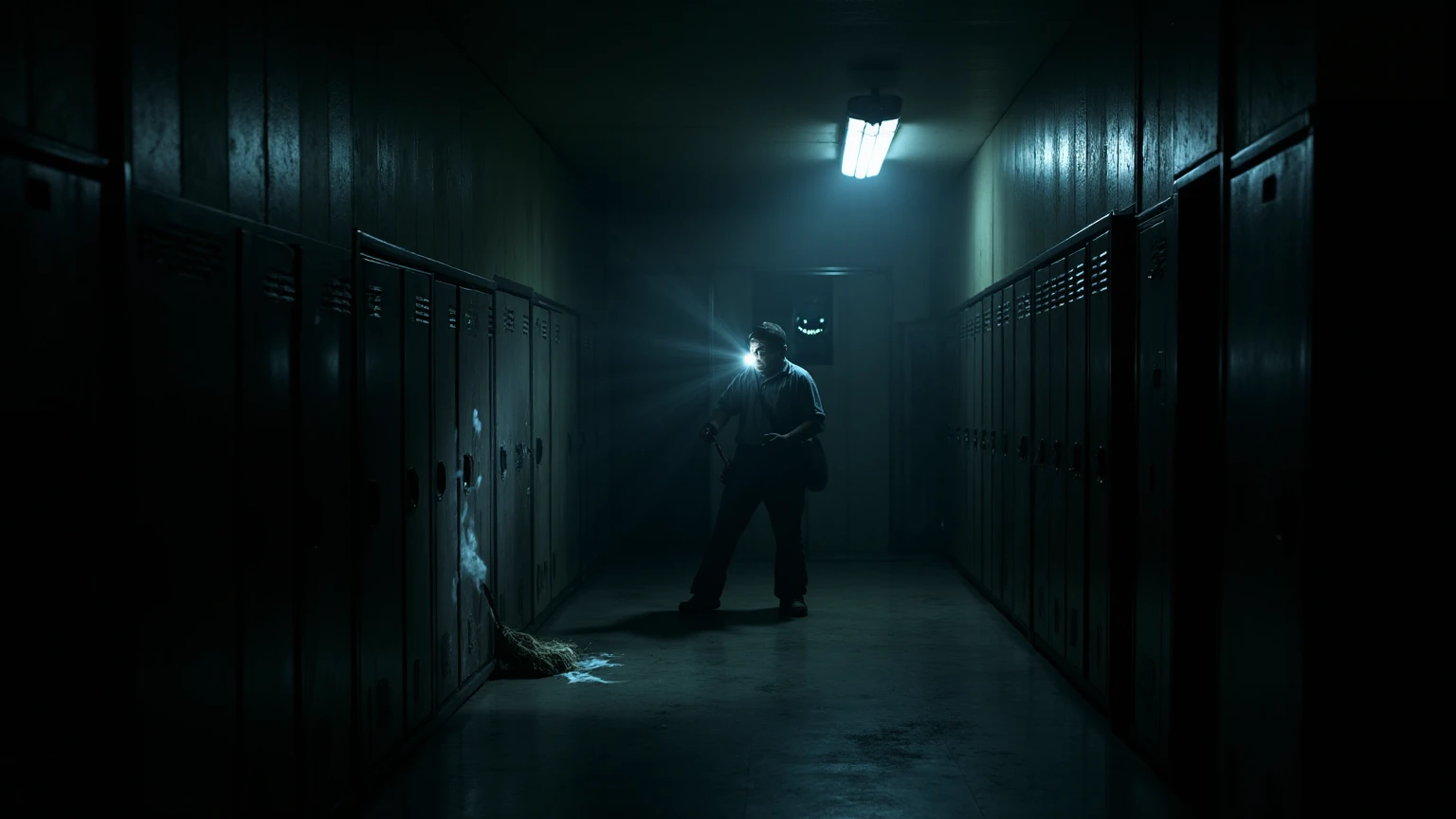 A dark, abandoned school hallway at night, lit by a single flickering ...