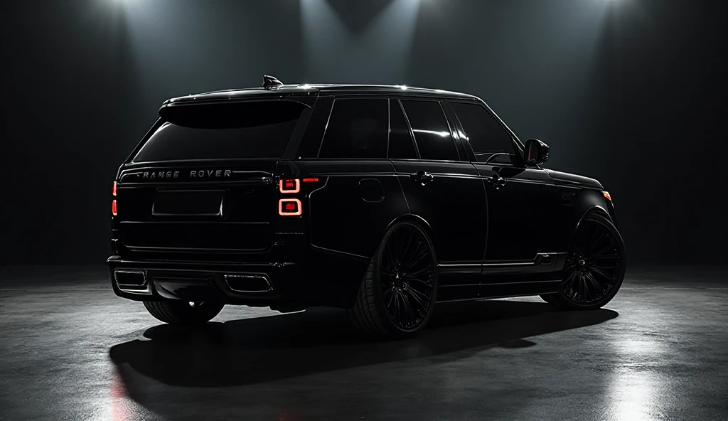An all-black Range Rover SV Black glistening in a studio with ...