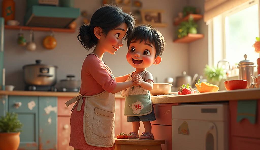 Happy kid cooking with mom, estilo pixar 3d - SeaArt AI