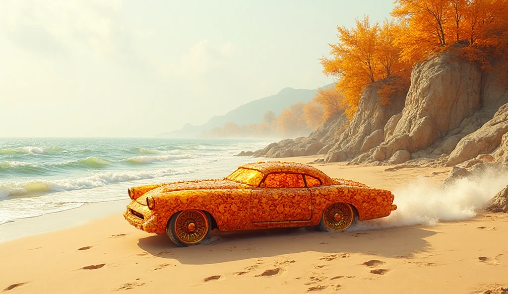 Amber fantasy, on the seashore, a retro carved retro car made of shiny ...