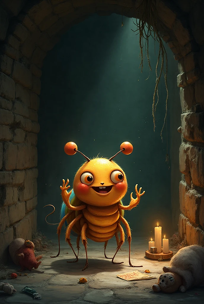 A cute cockroach yen cartoon for sad kids in a basement of a palace ...
