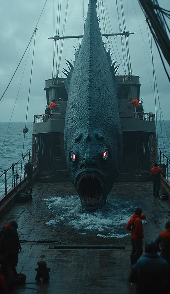 "Create a dramatic video showing fishermen successfully catching a ...