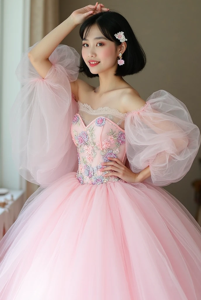 The image shows a young woman posing indoors, dressed in an elaborate ...