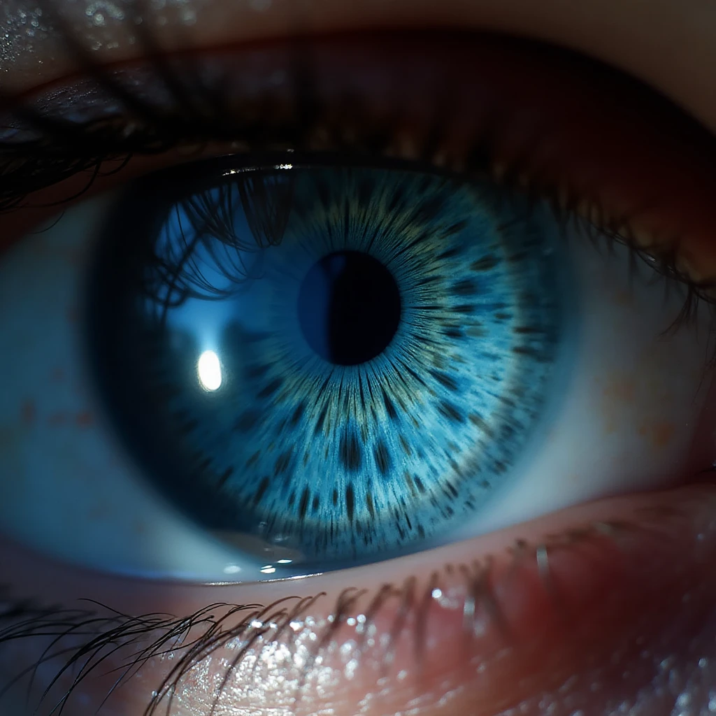 A hyper-realistic close-up of a human eye, bright blue iris with ...