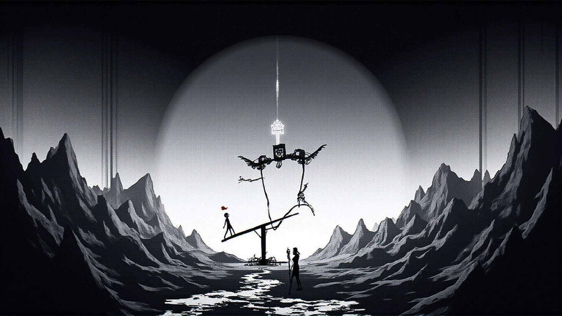 A stick-woman blindfolded moving between high peaks and deep valleys ...
