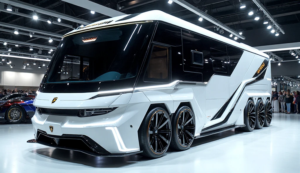 A futuristic ultra-luxury Lamborghini motorhome showcased indoors under ...