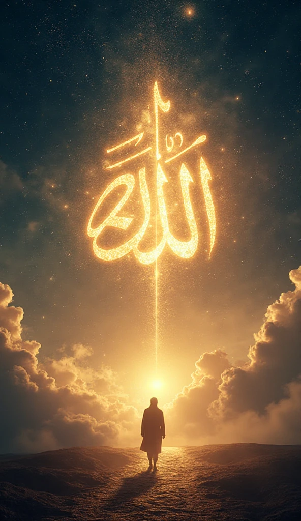 A cosmic Islamic scene: the word 'الله' glowing in golden light among ...