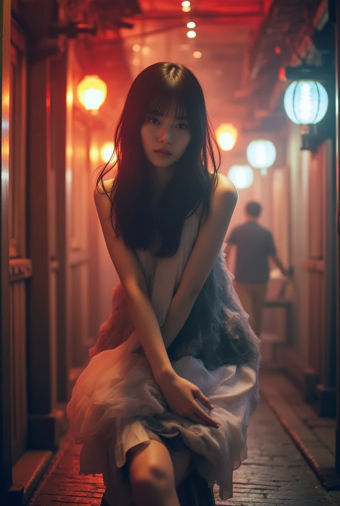Aria Chen in a Wong Kar-wai style scene, sitting on a wooden stool in a narrow a - SeaArt AI