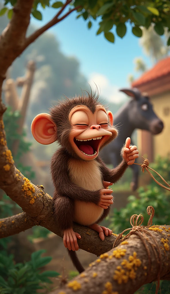 Monkey Laughing on Tree Pixar 3D style, monkey Chinki on tree branch ...