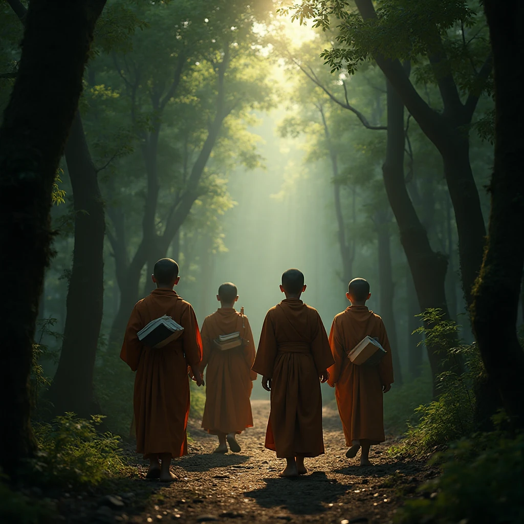 A realistic 3D 4K ultra-detailed scene of four young monks walking ...