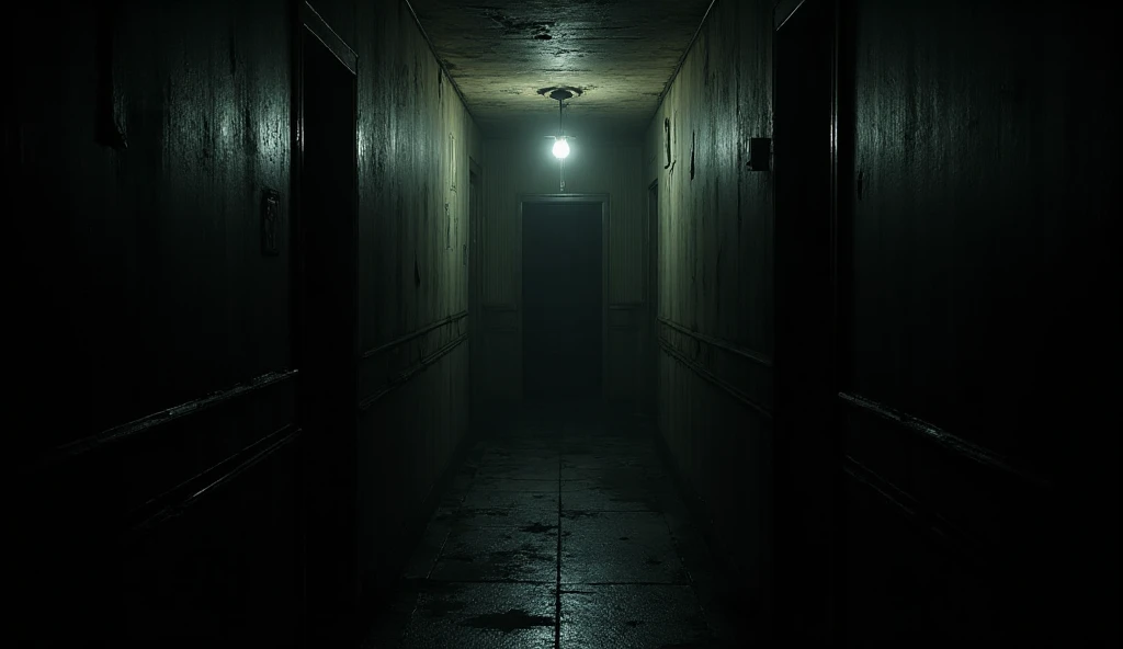 A dark hotel room corridor with a dim light bulb flickering. - SeaArt AI