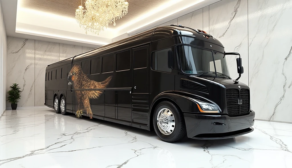 A large 3-axle black lowered bus with 18 chrome rim wheels in the ...