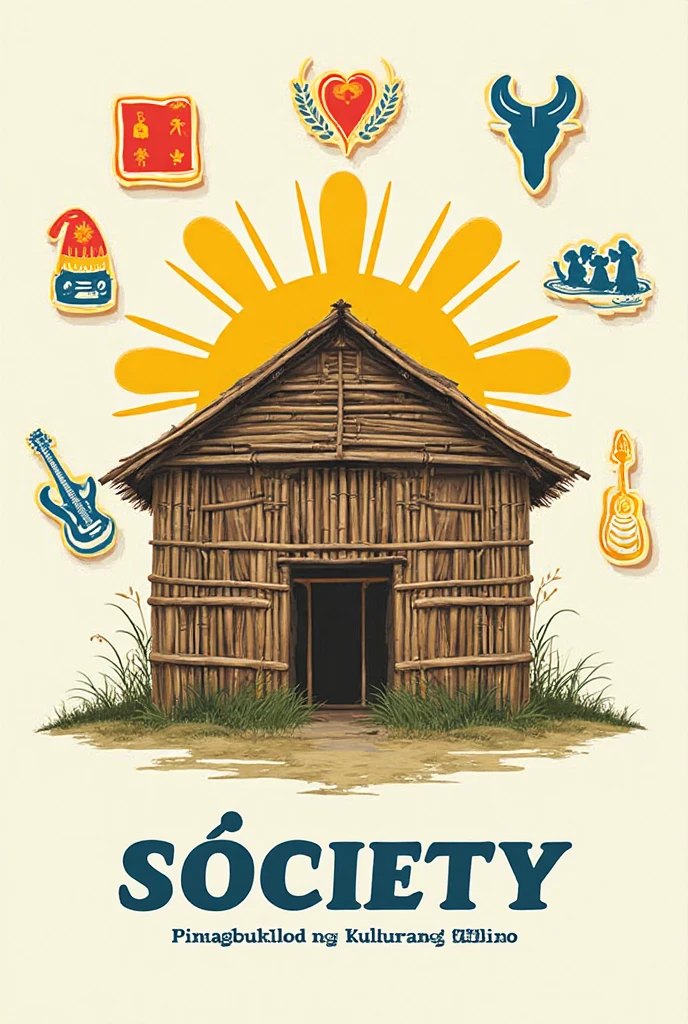 A poster showing a bahay kubo at the center, but instead of bamboo ...