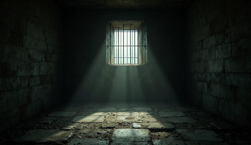 “Old jail cell lit by a single shaft of light through iron bars - SeaArt AI