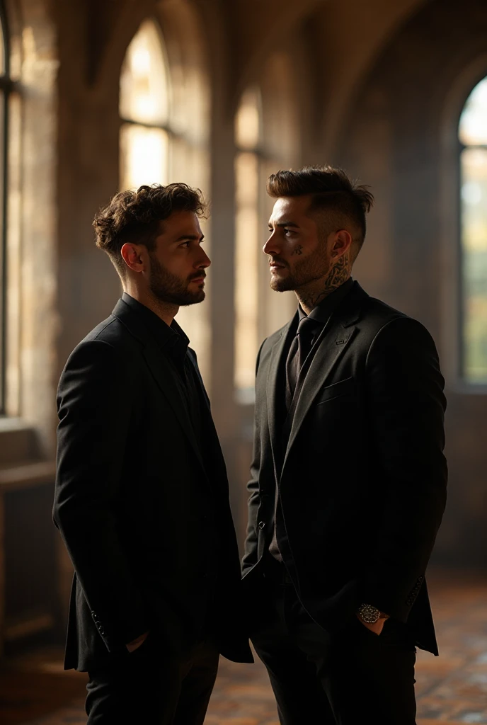 Two young professors in their 30s in black suits, one with tattoos ...