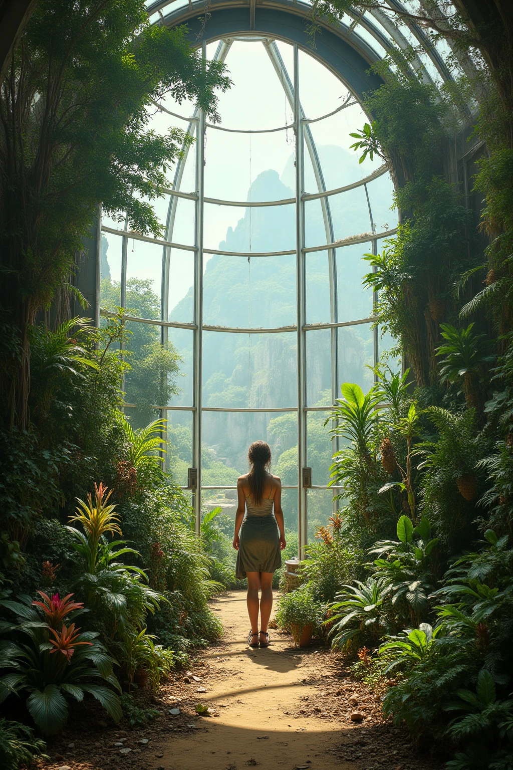 A futuristic greenhouse dome in the post-apocalyptic desert, inside a ...
