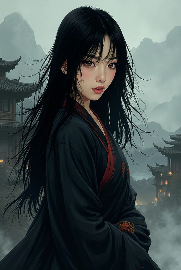 Chinese manhua style illustration of a mysterious young woman - SeaArt AI