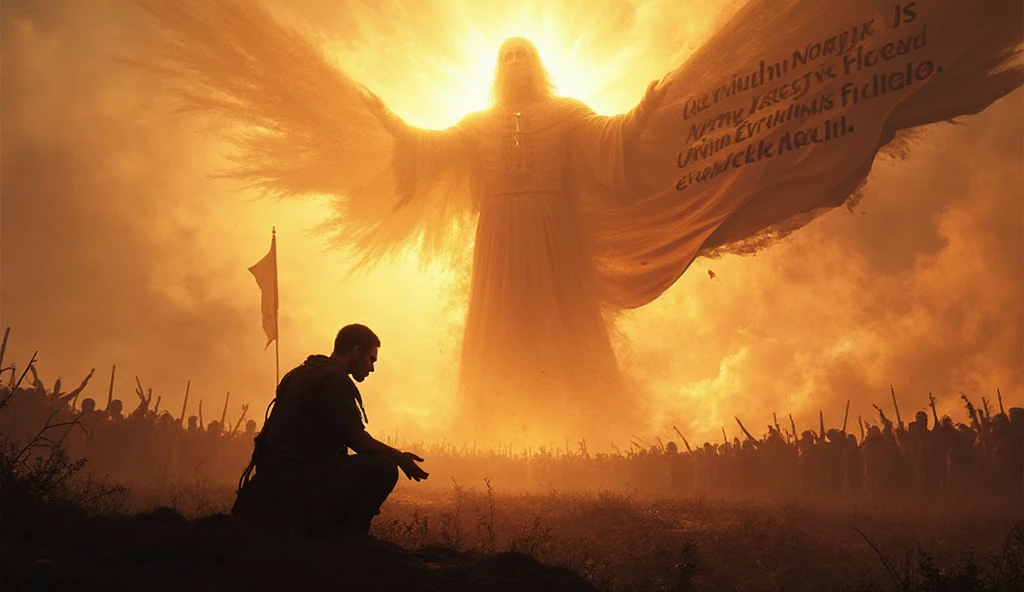 A lone warrior kneels in prayer on a battlefield at dawn. Behind him ...