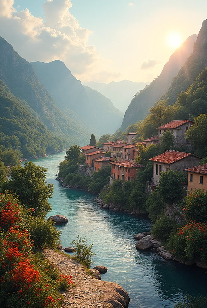 A small village by the river, montanhas ao fundo, flores coloridas ...