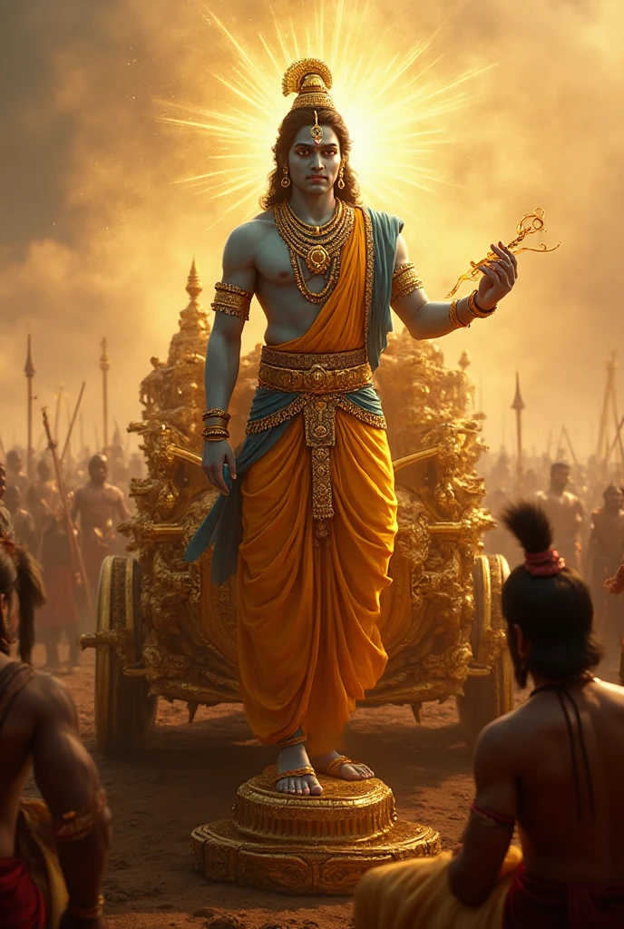 Lord Krishna standing on a grand golden chariot in the battlefield of ...