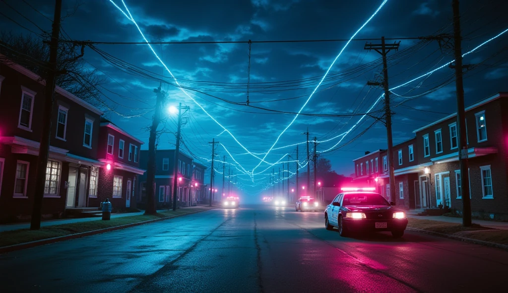 “A small town in Illinois during the daytime, police car spotlights ...