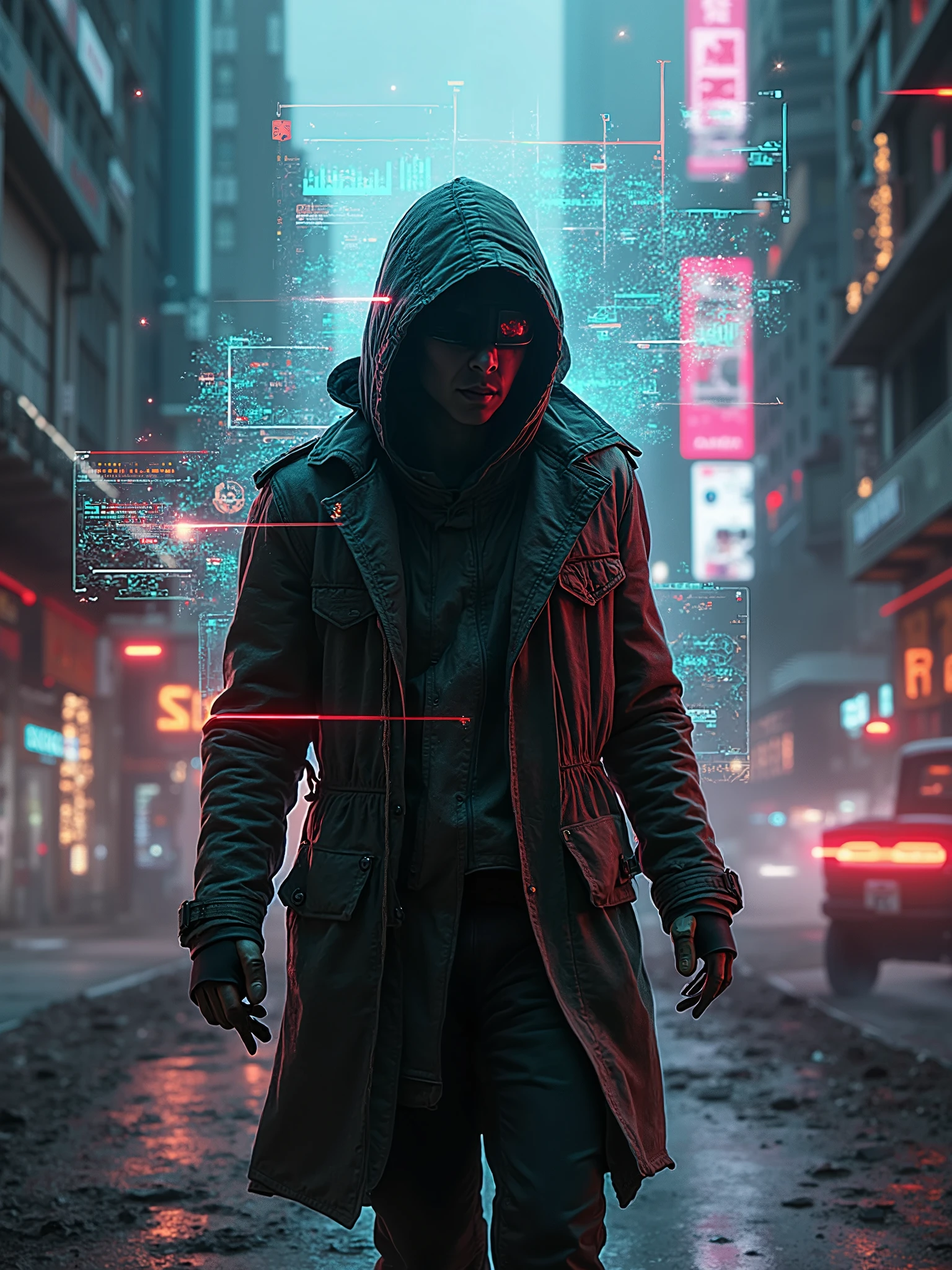 A trench-coated hacker navigating an Augmented Reality overlay of the ...